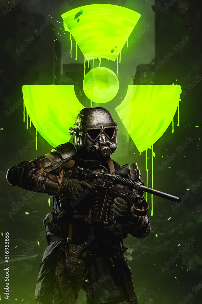 Soldier stands against a massive green nuclear protection sign ...