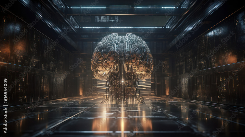 Futuristic android brain on circuit board background representing AI ...