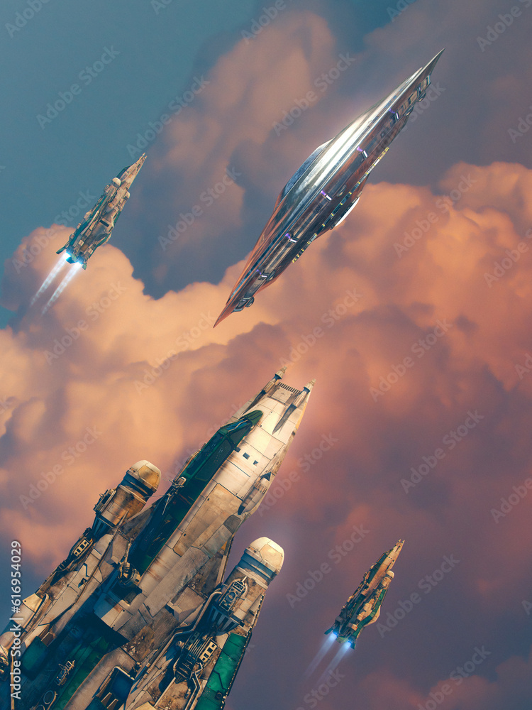 ufo chased by three futuristic fighters through orange clouds in the ...