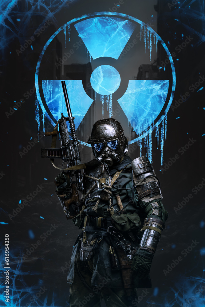Post-apocalyptic soldier stands in a frigid, icy environment holding a ...