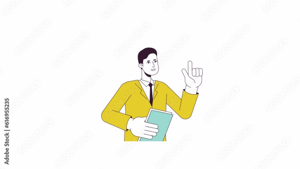 Male tutor explaining animation. Animated cartoon man with raised ...
