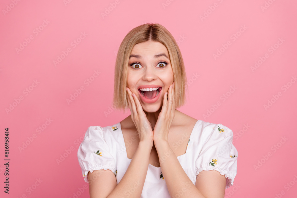 OMG. Photo of crazy lady open mouth hands on cheeks shopaholic sale ...