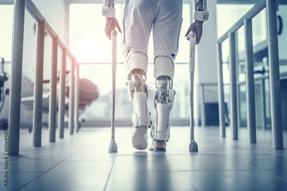 Physiotherapy in modern hospital: injured patient walks on treadmill ...
