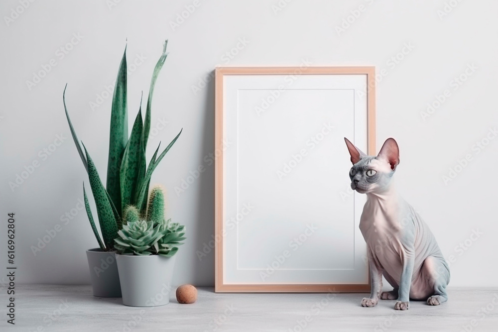Vertical frame mockup in front of a white wall, flower pots on one side ...