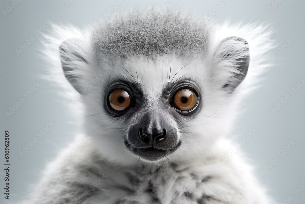 A baby lemur's beauty is enhanced on a clean white background, brought ...