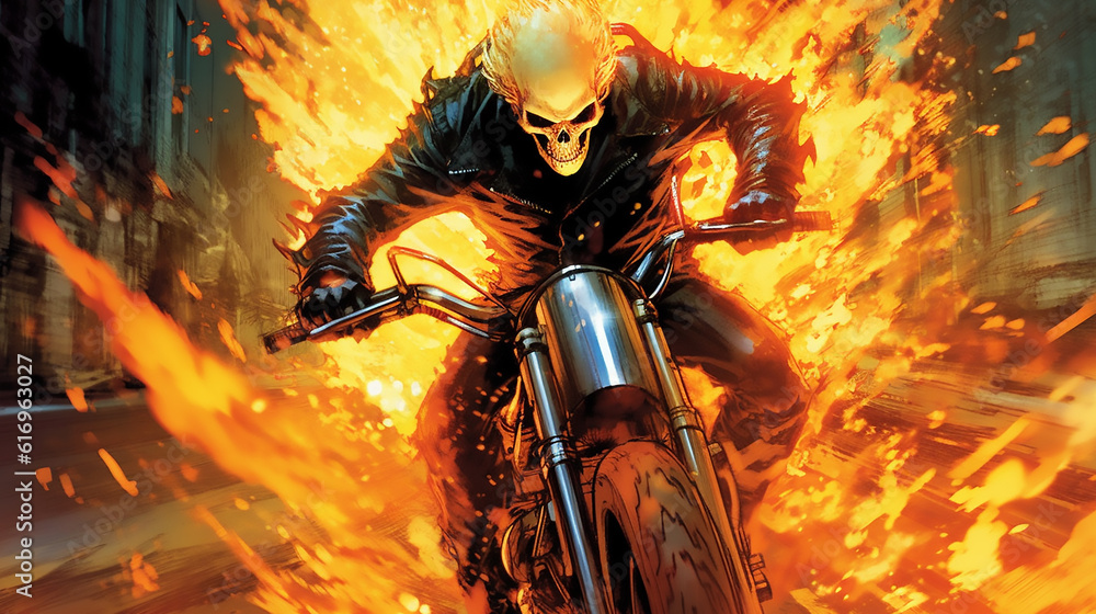 Motorcycle ghost rider riding route 66 with wheels on fire in leather ...