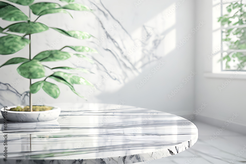 Empty marble stone table in front of blurred bedroom interior ...