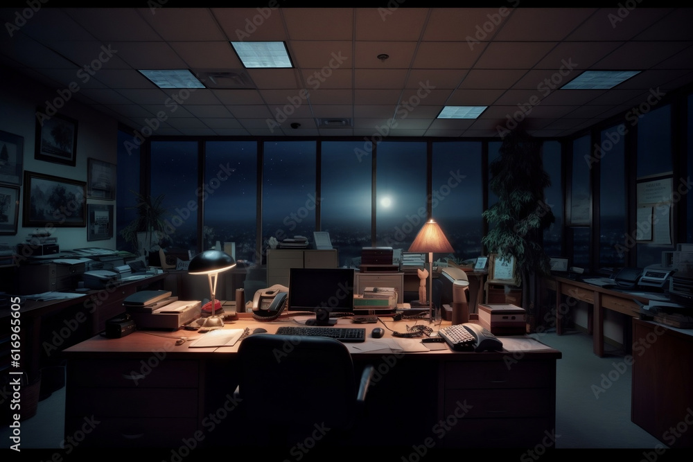 A photo showing an office late at night with only one light still on ...