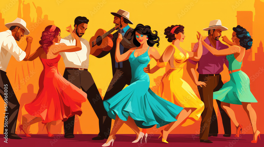 Latin party dancing salsa bachata cartoon style AI image Stock イラスト | Adobe Stock