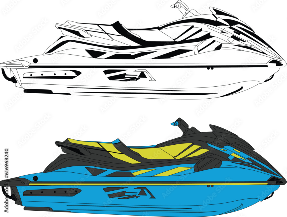 Vector, line art and color image of jet motor boat on a white ...
