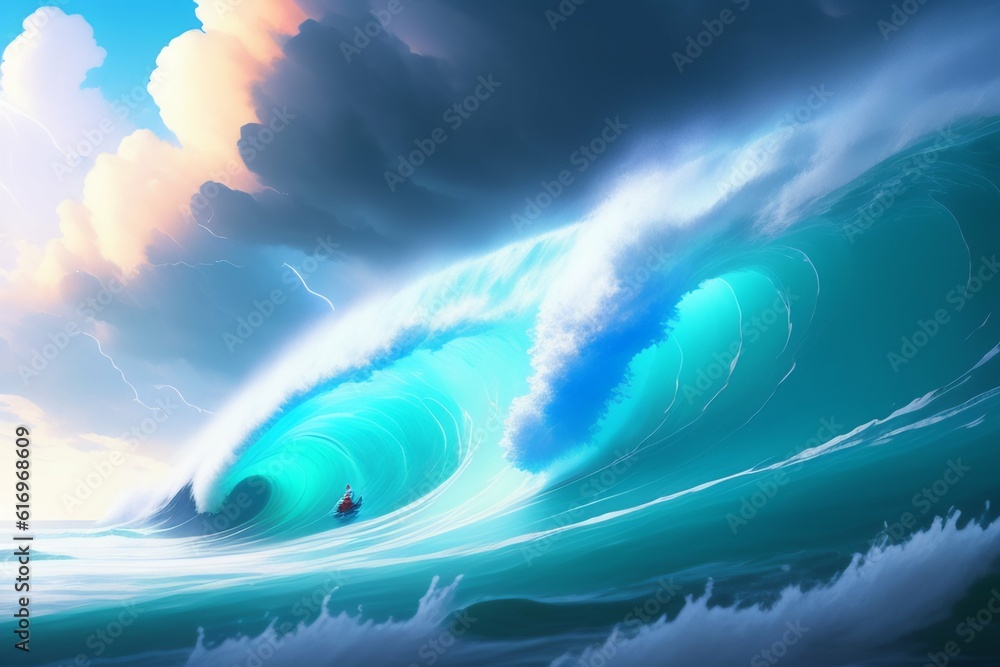 infinite storm, key visual, blue tinted clouds, ocean has large and dangerous waves, waves ...