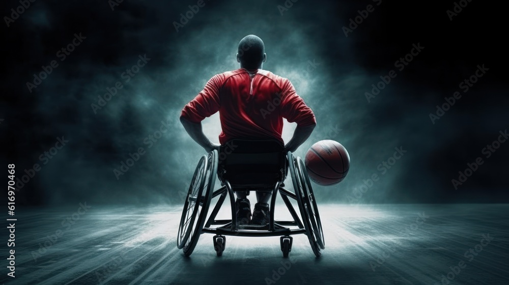 Red-shirt wheelchair basketball player dribbles professionally ...