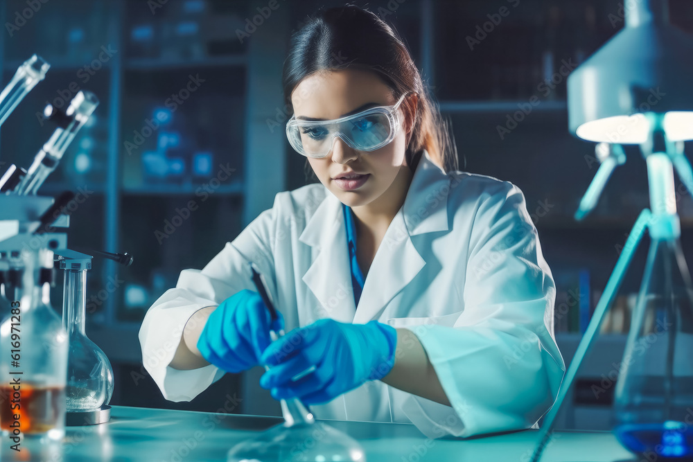 Young smart microbiologist woman concentrating on her work in sterile ...