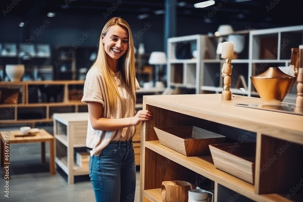 young beautiful woman examining furniture for sale at modern furniture ...