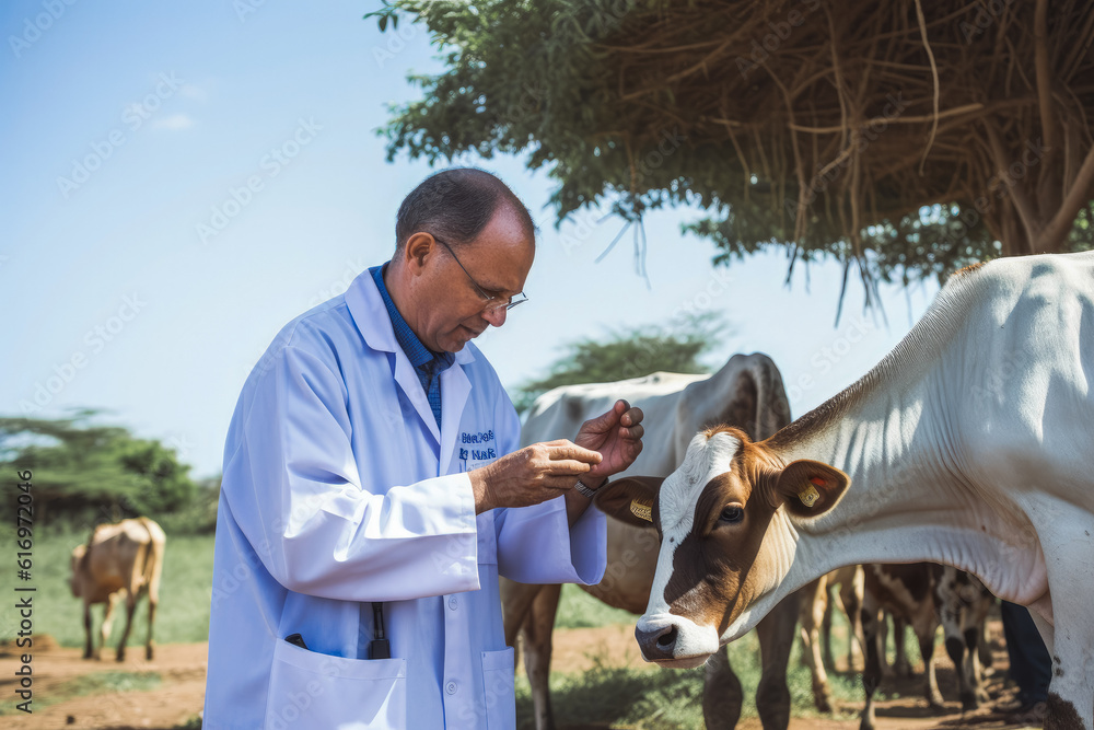 Veterinarian examining a cow and hers health condition outside, wild ...
