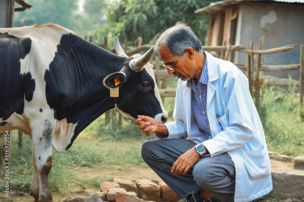 Veterinarian examining a cow and hers health condition outside, wild ...