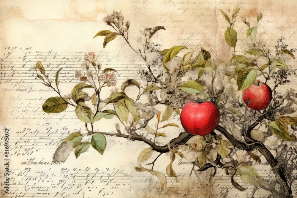 Botanical illustration of apple tree in exotic vintage background style. Generative AI Stock ...