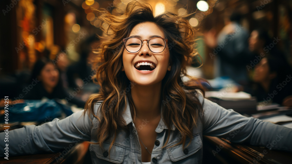Smiling successful business woman after a completed project, office ...