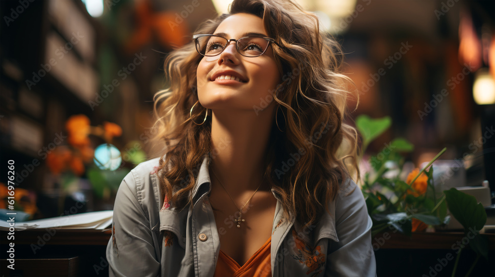 Smiling successful business woman after a completed project, office ...