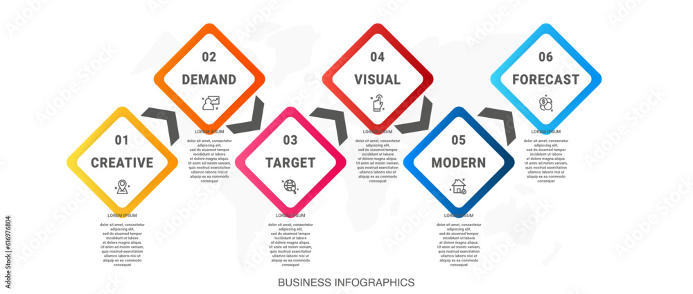 Business vector infographics with rhombus and arrows for 6 diagrams ...