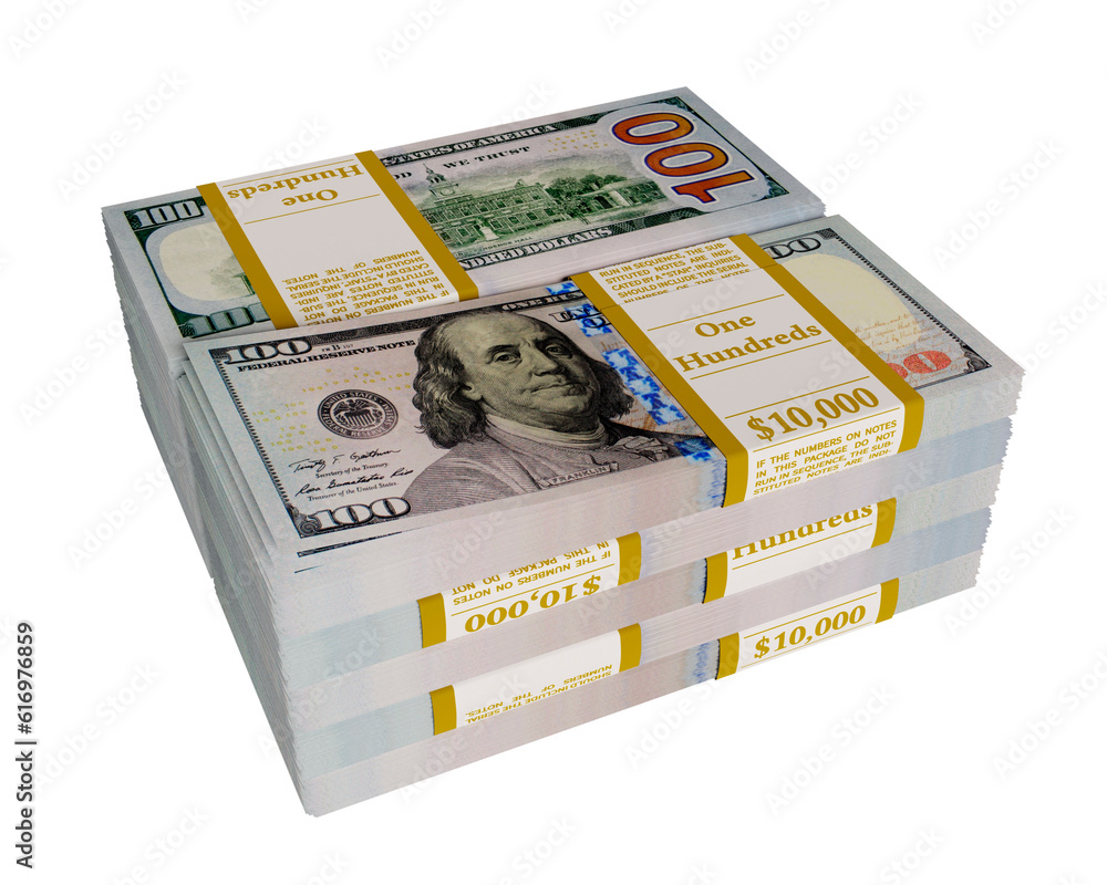 10 currency straps of $100 bills, worth of $10,000 each. Bundle of ...