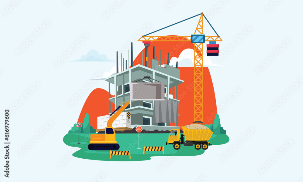 Construction concept truck and machines building house cartoon vector ...