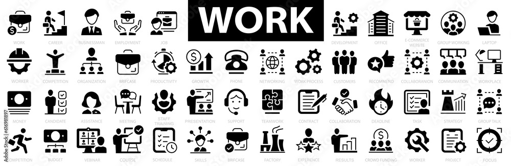 Work icon set. Business people, human resources, office management, job ...