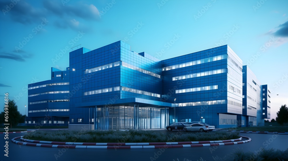 Hospital large modern building white and blue exterior, medical ...