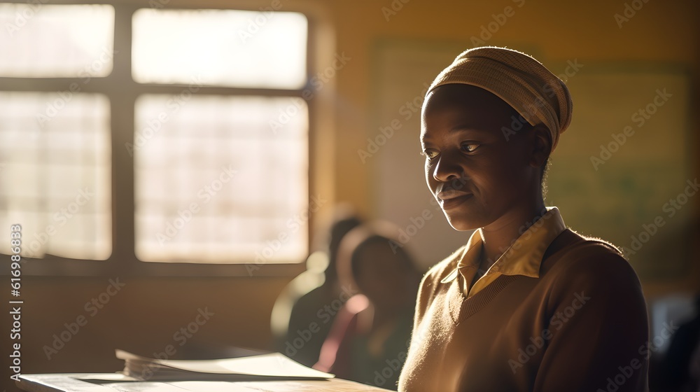 Woman student writing, studying in the classroom, outside, Africa ...