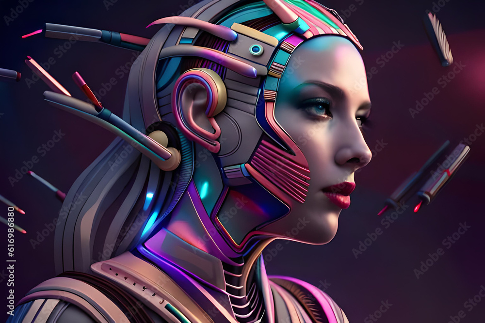 A woman with a robot face and a face painted in silver. Science Fiction ...