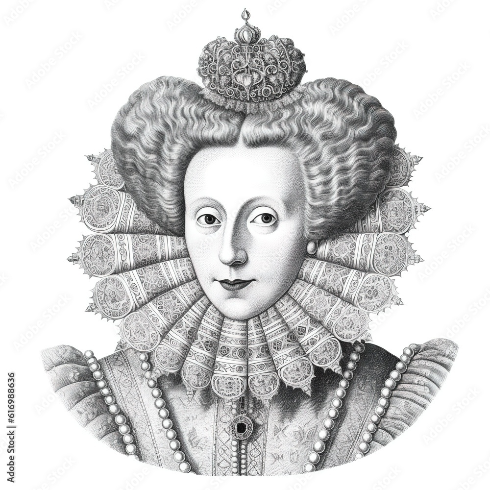 Black and white vintage engraving, headshot portrait of Queen Elizabeth ...