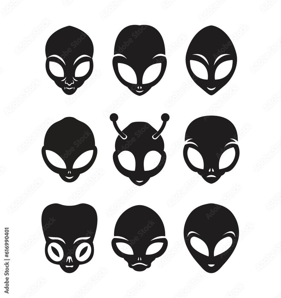 Set of alien faces silhouettes. Collection of different cartoon space ...