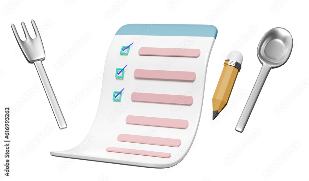 food items, menu with spoon, fork, check mark, pencil isolated. 3d ...