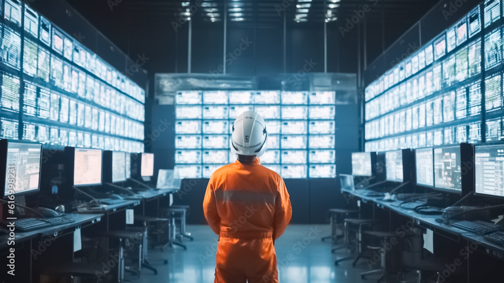 Back view of engineer in safety helmet and uniforms on Big Screens ...