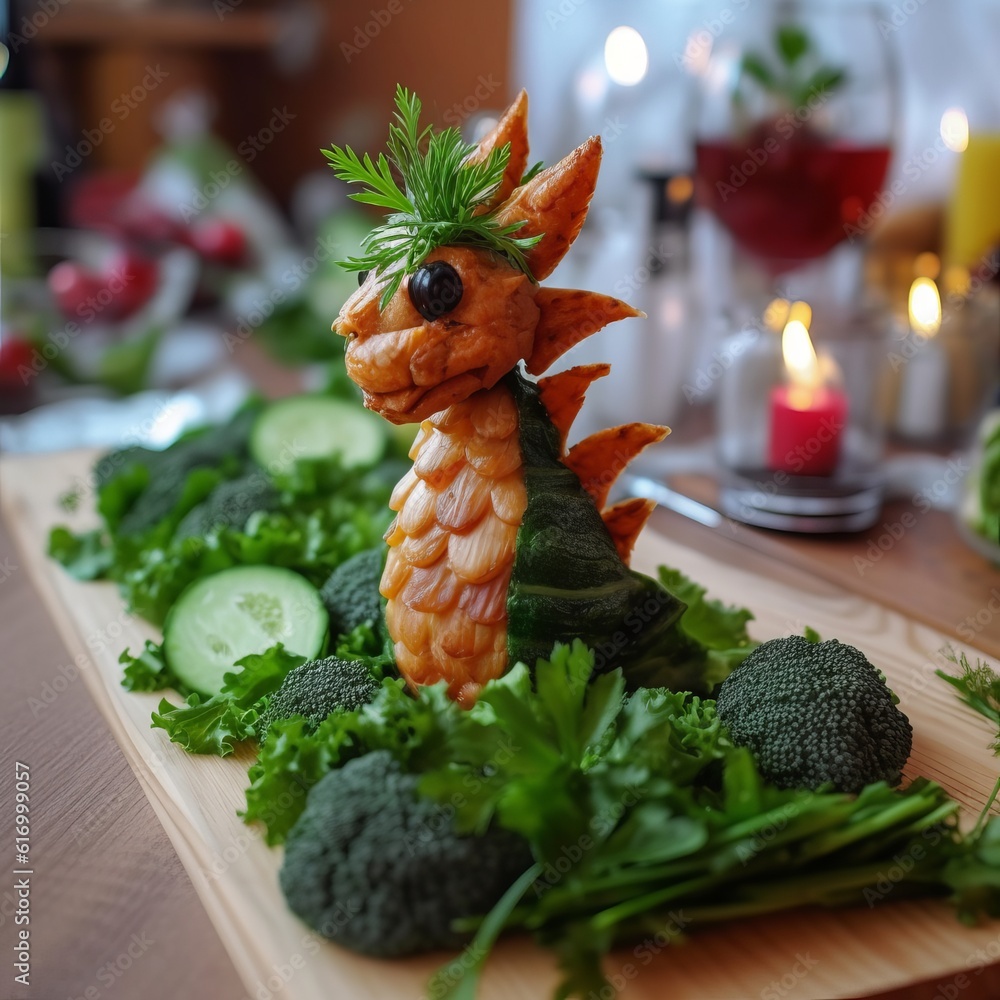 Green dragon from vegetables and herbs. Carving in cooking as the art ...