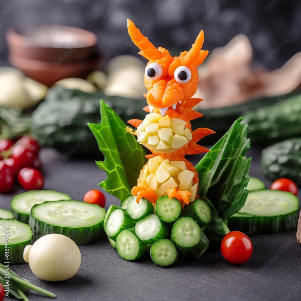 Green dragon from vegetables and herbs. Carving in cooking as the art ...
