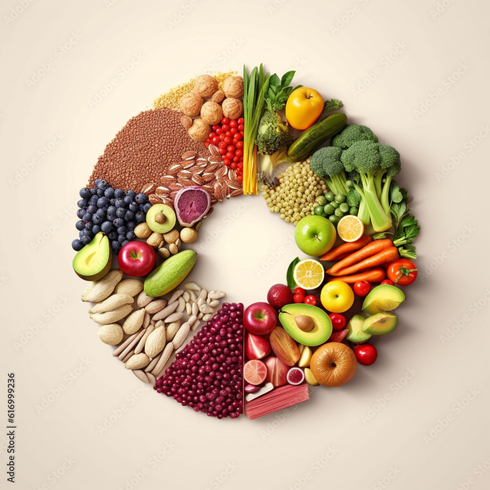 Balanced diet healthier living as a circle of nutrients, colorful food ...