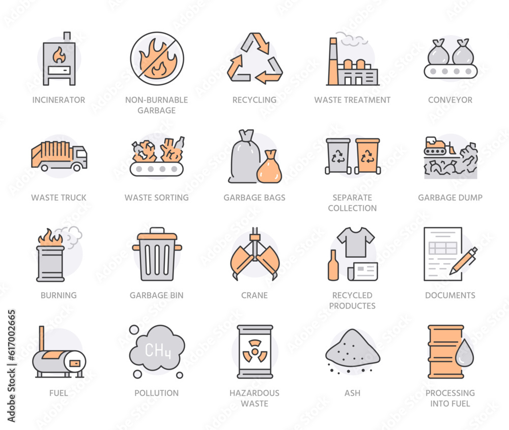 Grafika wektorowa Stock: Waste recycling flat line icons set. Garbage ... Grafika wektorowa Stock: Waste recycling flat line icons set. Garbage ...