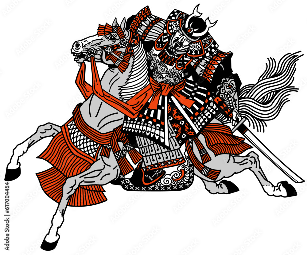 Vetor de Asian cavalry warrior. Japanese Samurai horseman sitting on ...