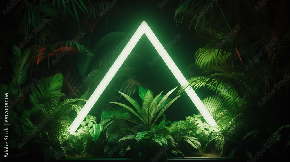 Luz de néon branca com plantas tropicais. Moldura fluorescente em forma ...