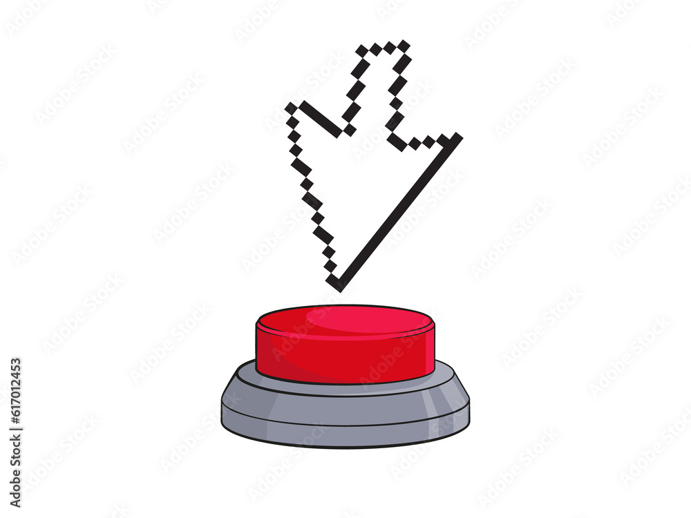 Pixel cursor and a big red button. Illustration on transparent ...