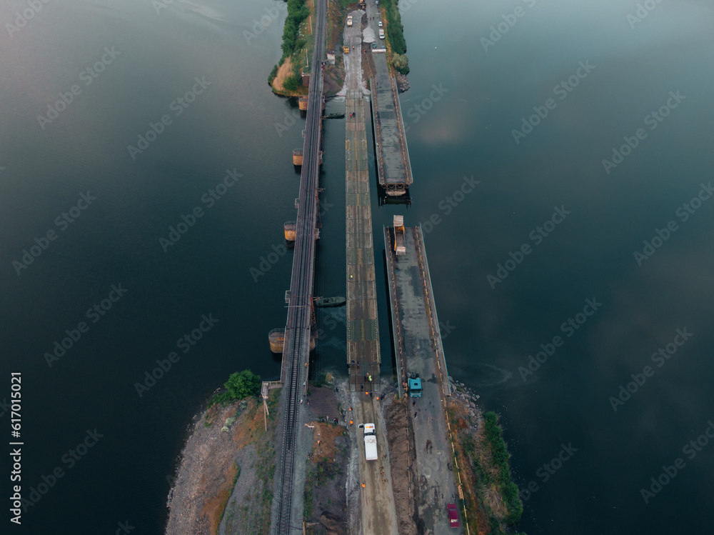 Pontoon bridge of the Ukrainian army. Installation of a temporary ...