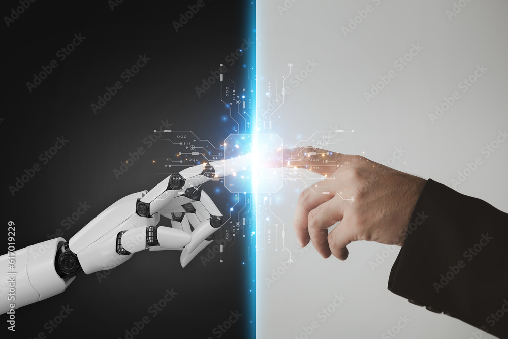 Robot and human hands pointing to each other, the idea of creating ...
