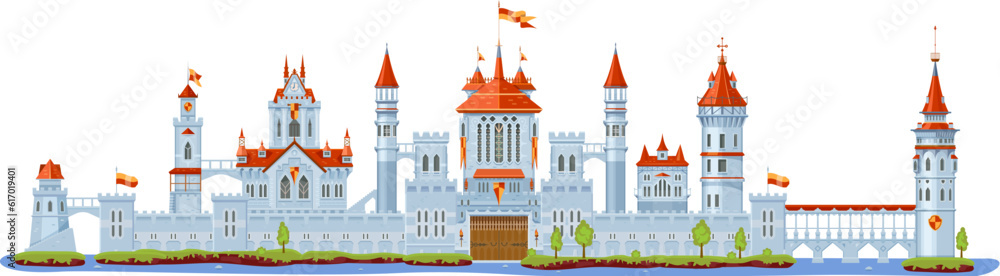 Medieval fortress castle. Gate, tower and turret, bridge, fort, wall ...