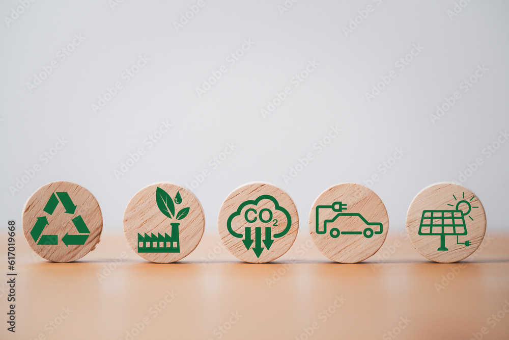 CO2 reducing and protect environment icon print screen on wooden for decrease CO2 , carbon ...