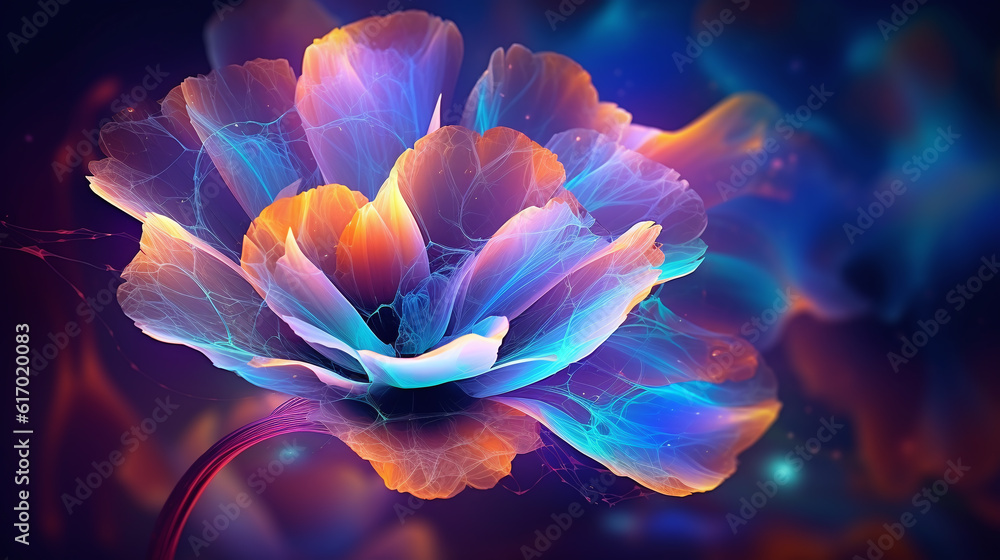 Digital futuristic flower wallpaper, neon light glow blossom wireframe ...