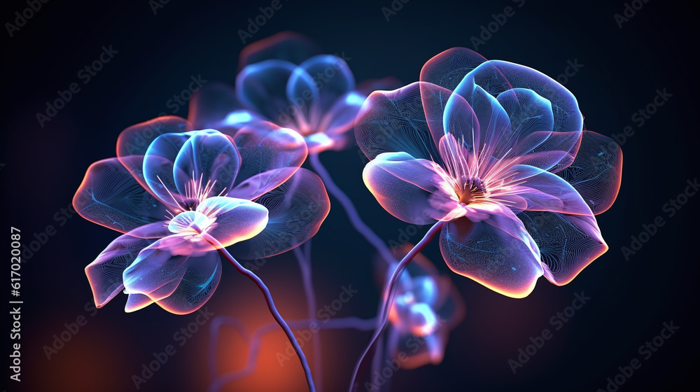 Digital futuristic flower wallpaper, neon light glow blossom wireframe ...