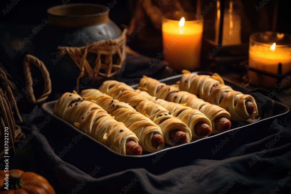 Halloween food. Mummy-shaped hot dogs, wrapped in strips of puff pastry ...