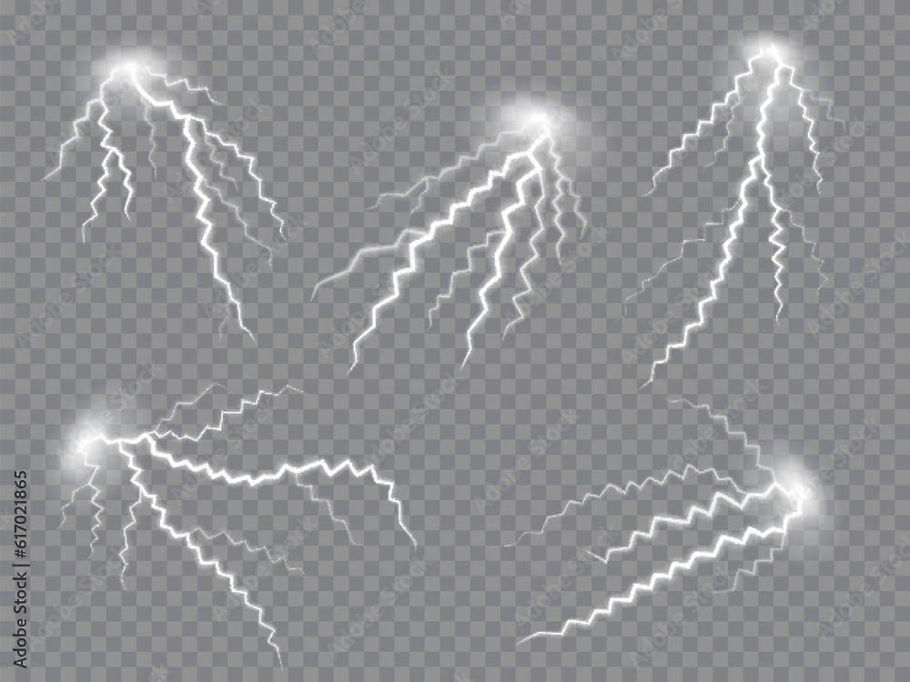 Lightning thunderstorm effect. Electric spark, flash strike, thunder ...