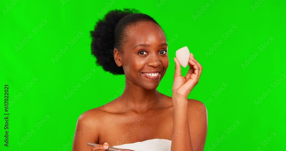 Green screen face, makeup brush or black woman with cotton for cosmetic ...